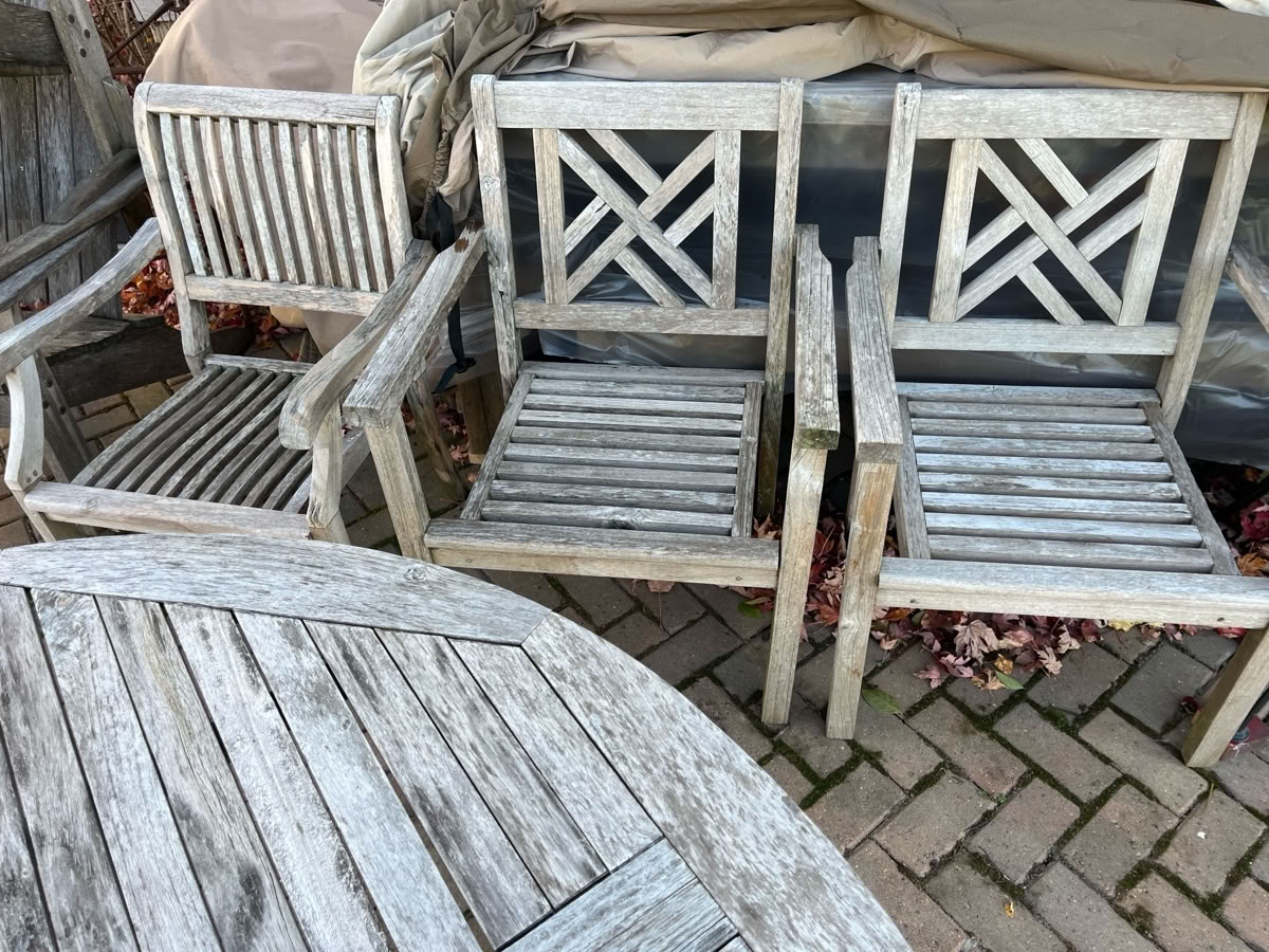 Free: Wood patio furniture-Table 4 chairs (Victoria, MN)